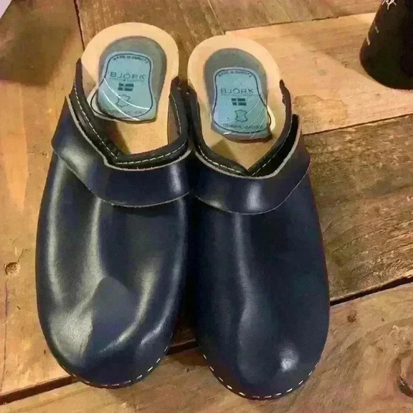 Bjork | Shoes | Bjork Blue Leather Wooden Clogs | Poshmark